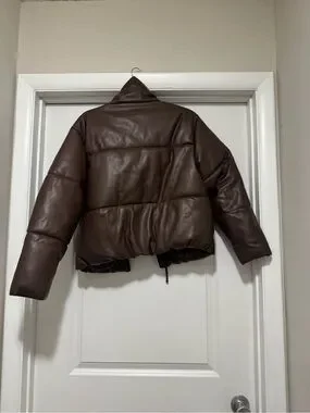 Old Navy | Jackets & Coats | Old Navy Brown Faux Leather Cropped Puffer ...
